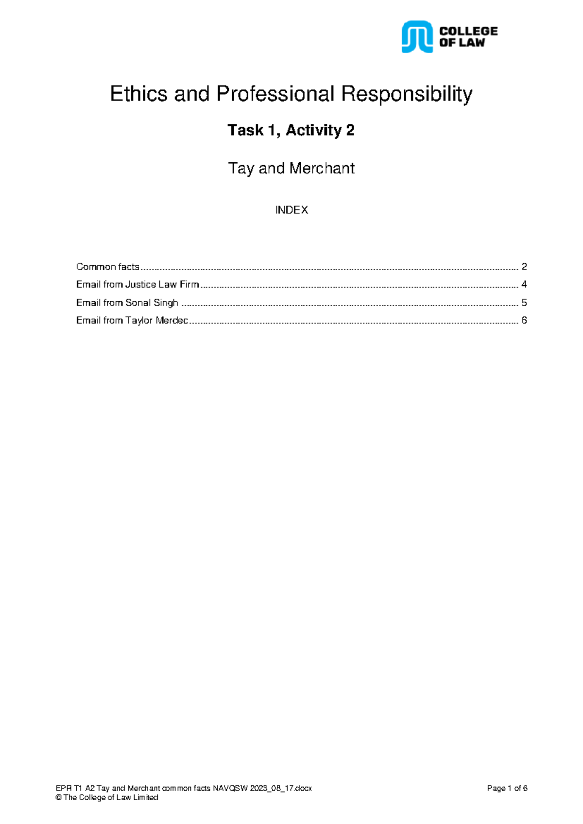 EPR T1 A2 Common Facts: Tay vs Merchant - NAVQSW 2023_08_17 - Studocu