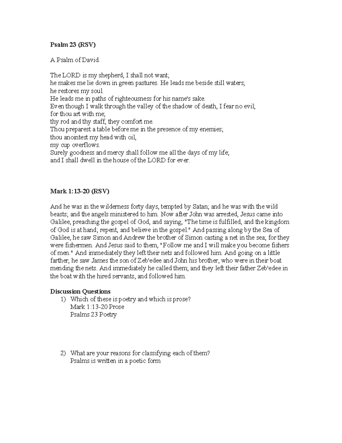 Poetry & Prose Worksheet - Psalm 23 (RSV) A Psalm of David. The LORD is ...