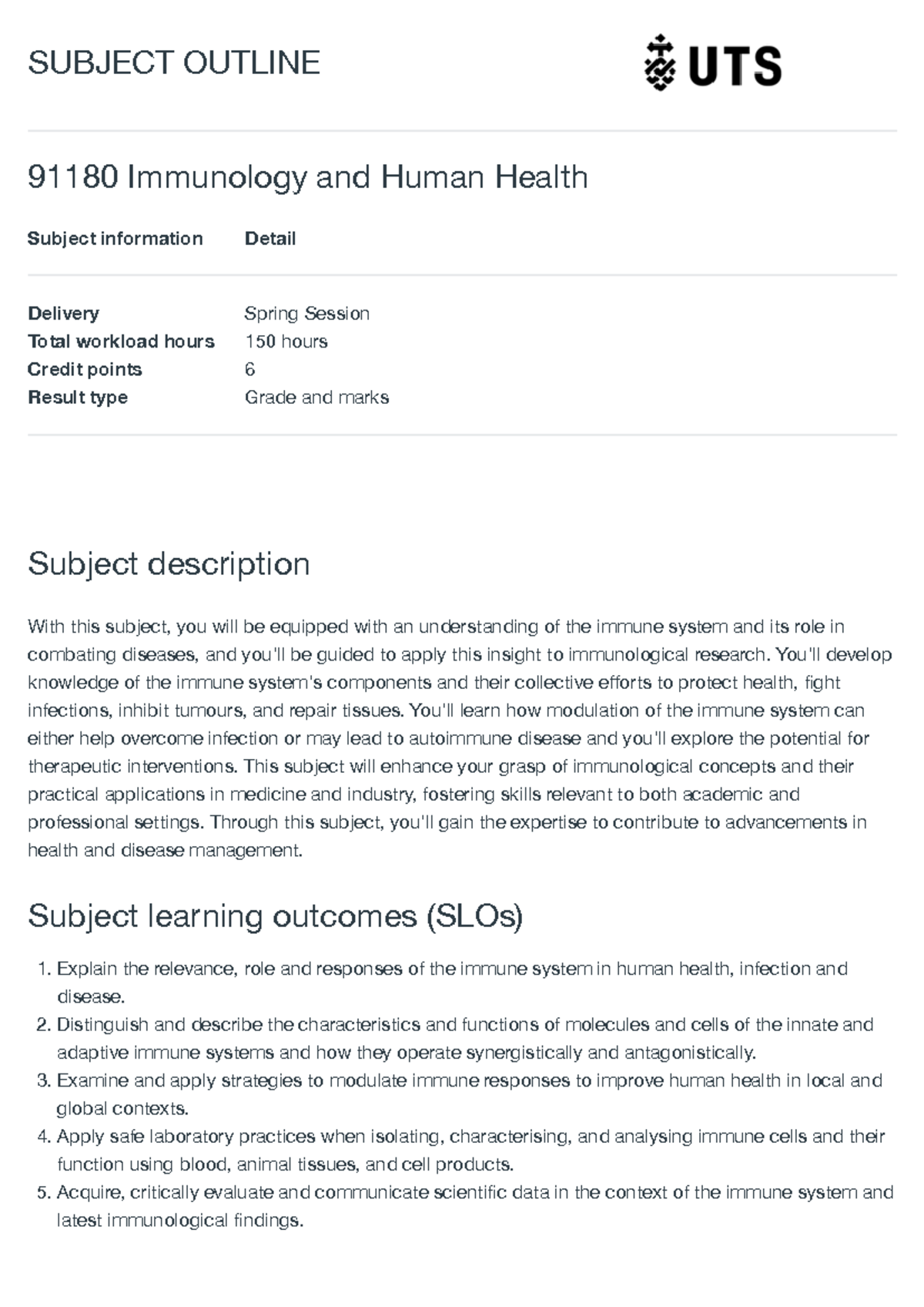91180 Immunology and Human Health: Subject Outline and Details - Studocu