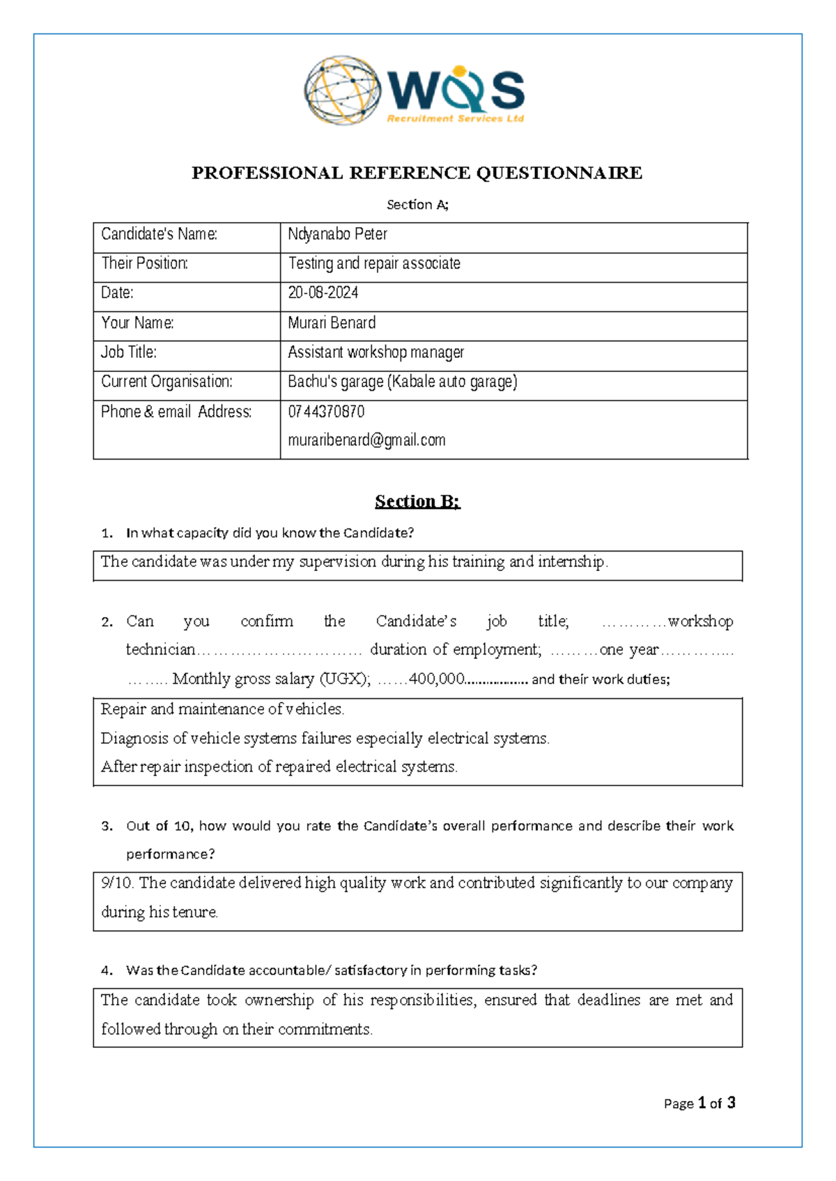 Professional Reference Questionnaire for Ndyanabo Peter - WQS - Studocu