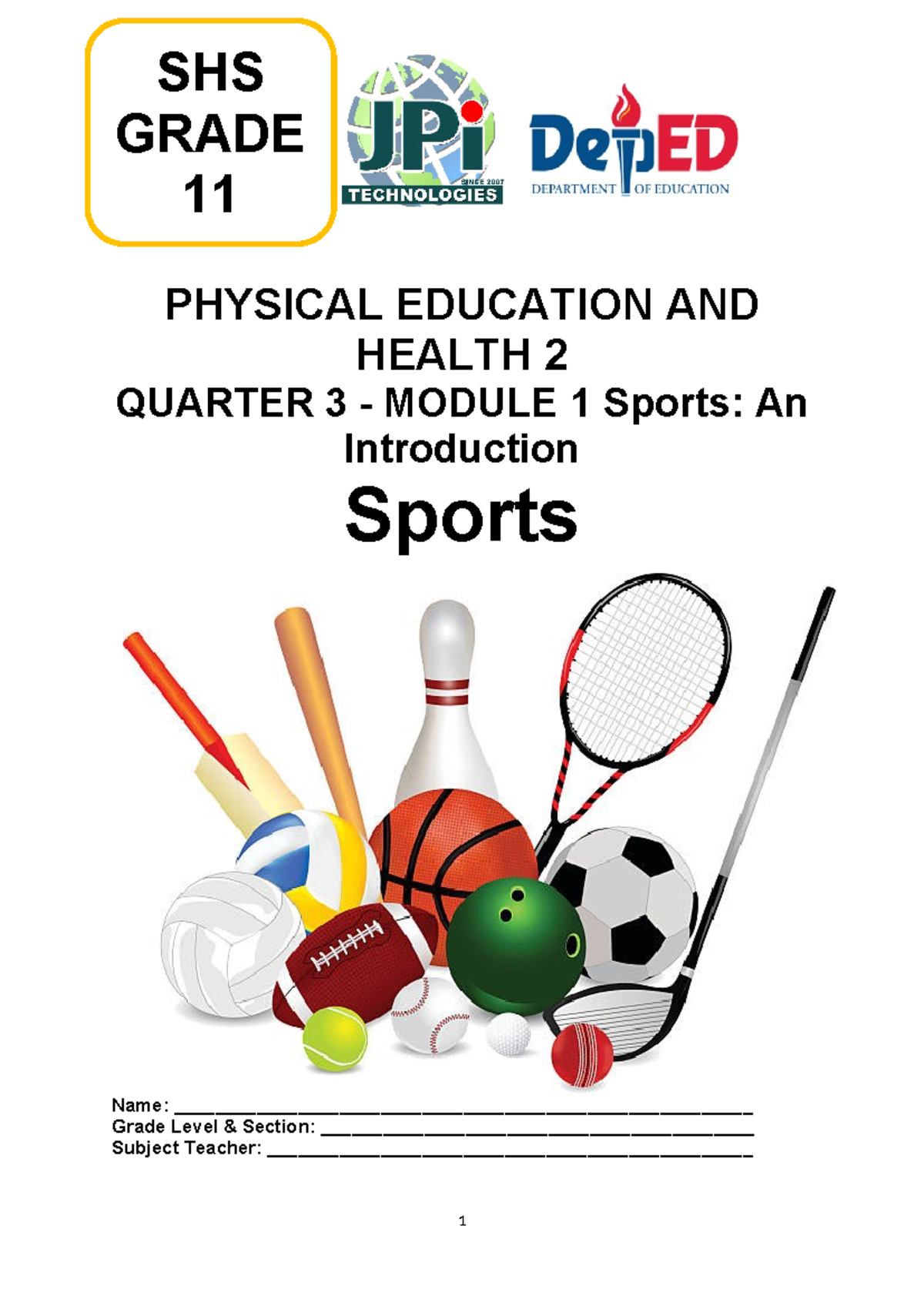 SHS GRADE 11 PE & HEALTH 2 Q3 MODULE 1: Intro to Sports - Studocu