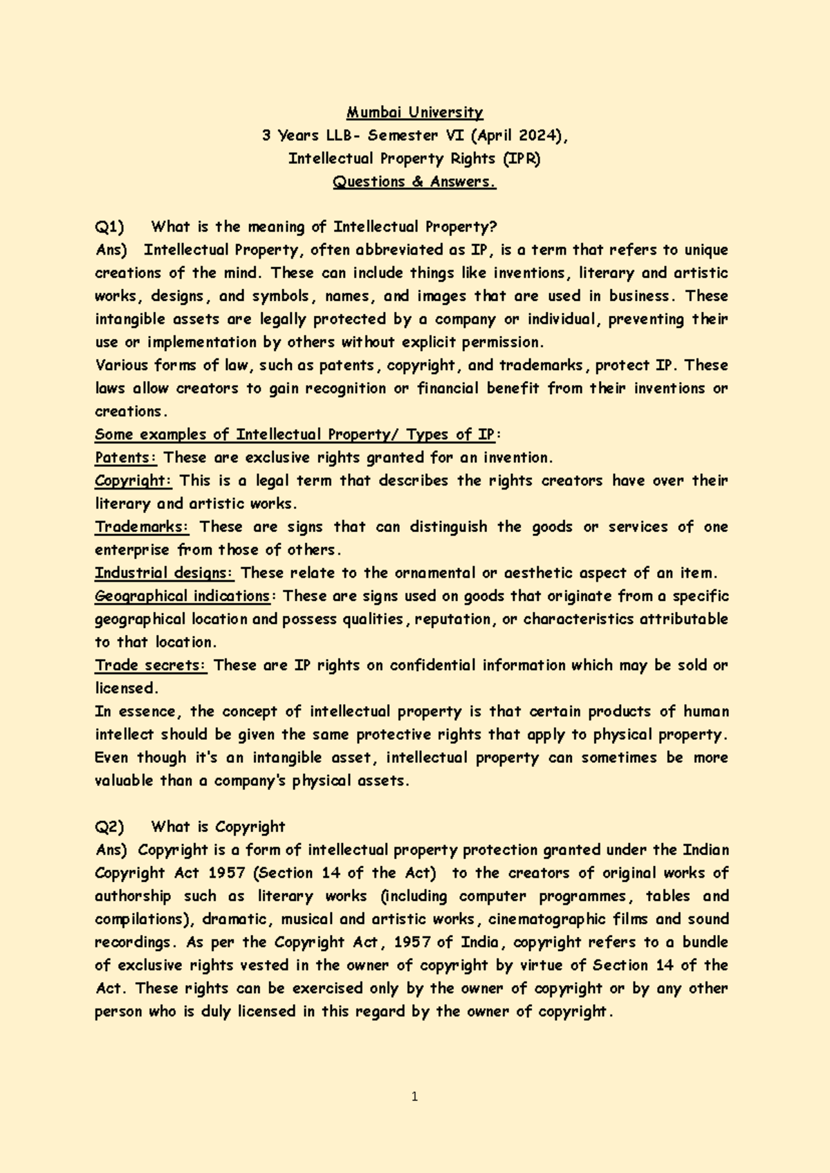 IPR Notes - Mumbai University 3 Year LLB Sem VI (April 2024) - Studocu