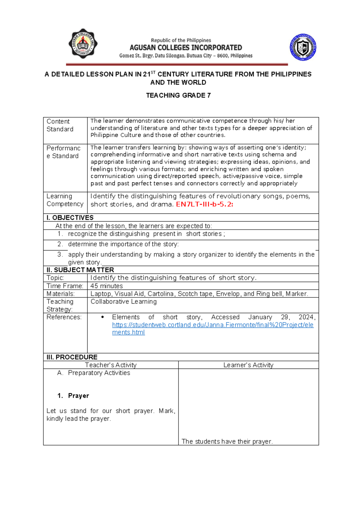 Grade 7 Lesson Plan: Analyzing 21st Century Literature DLP 1a - Studocu