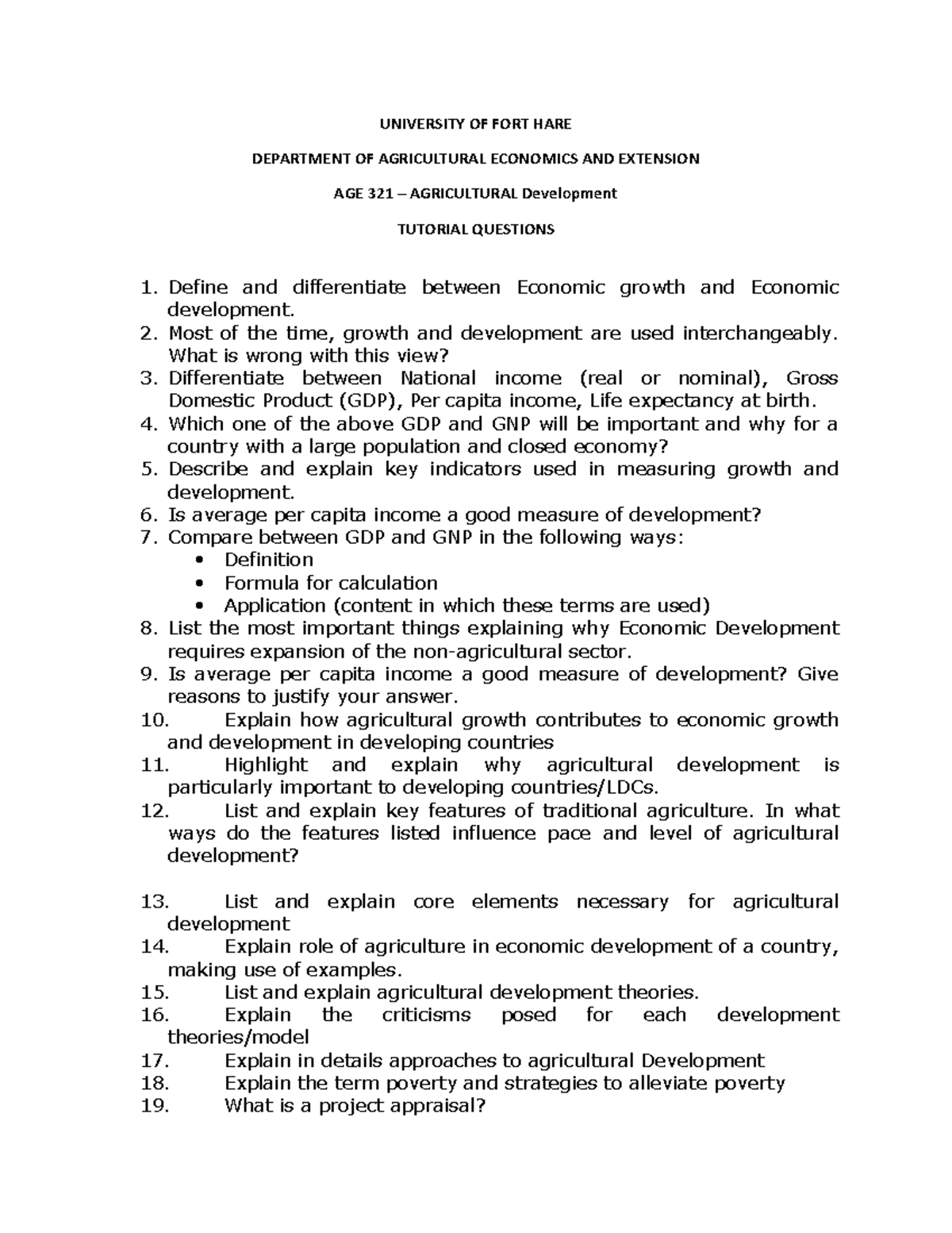 AGE 321 Tutorial Questions on Agricultural Development Concepts - Studocu