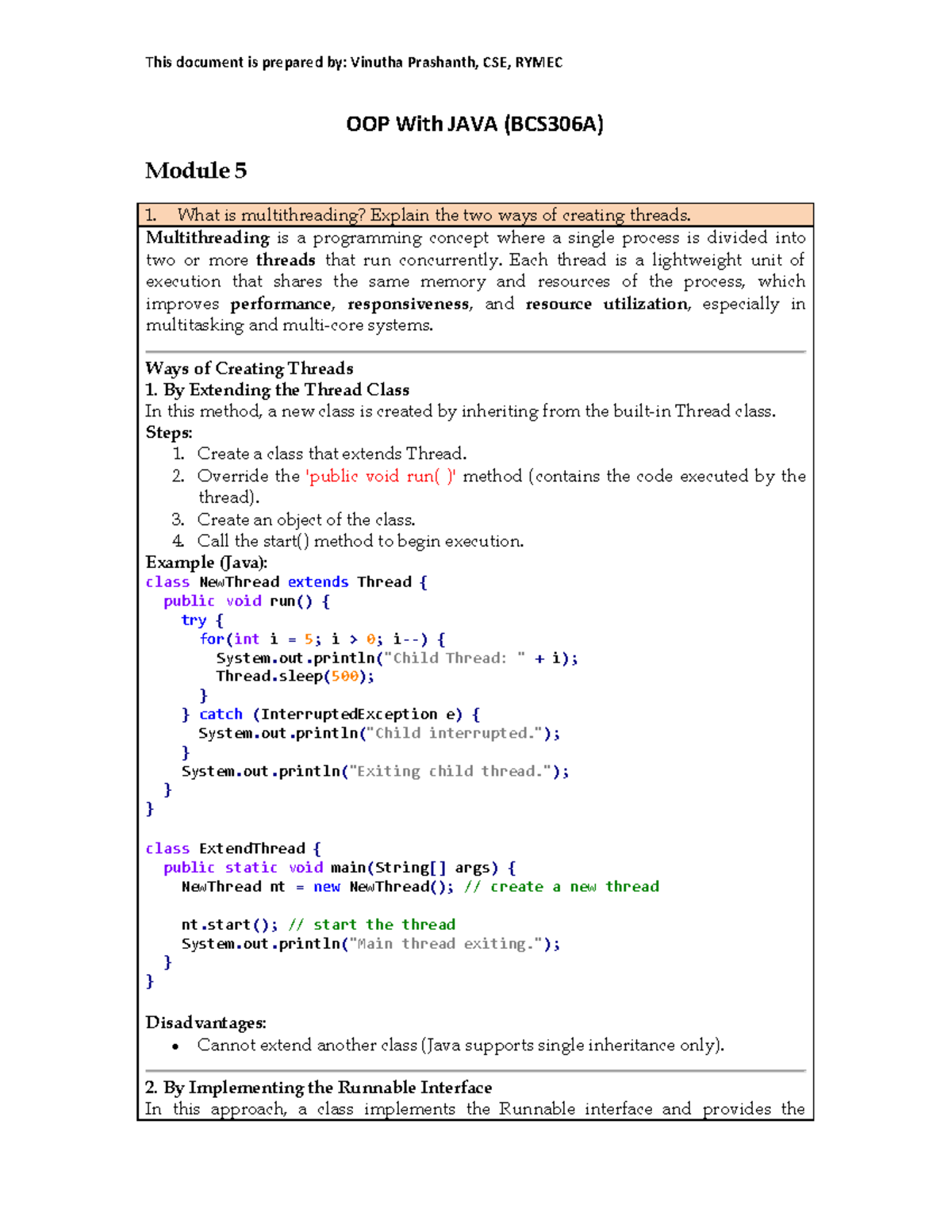 JAVA Module 5 Notes on Multithreading & Enums - BCS306A - Studocu
