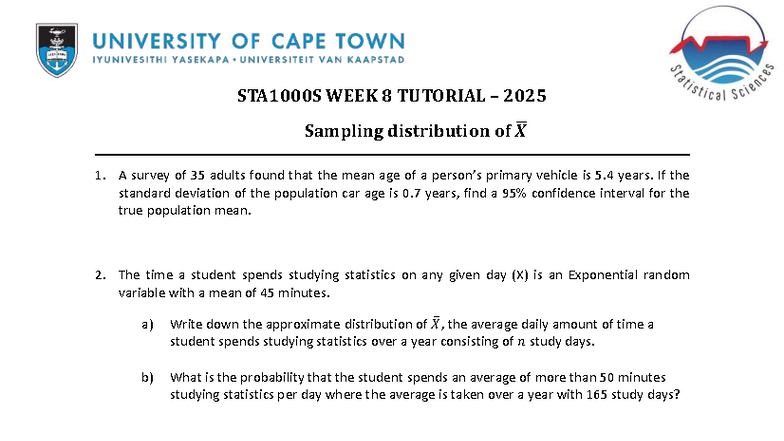 Tutorial Week 8 STA1000S 2025: Sampling Distributions & Confidence ...