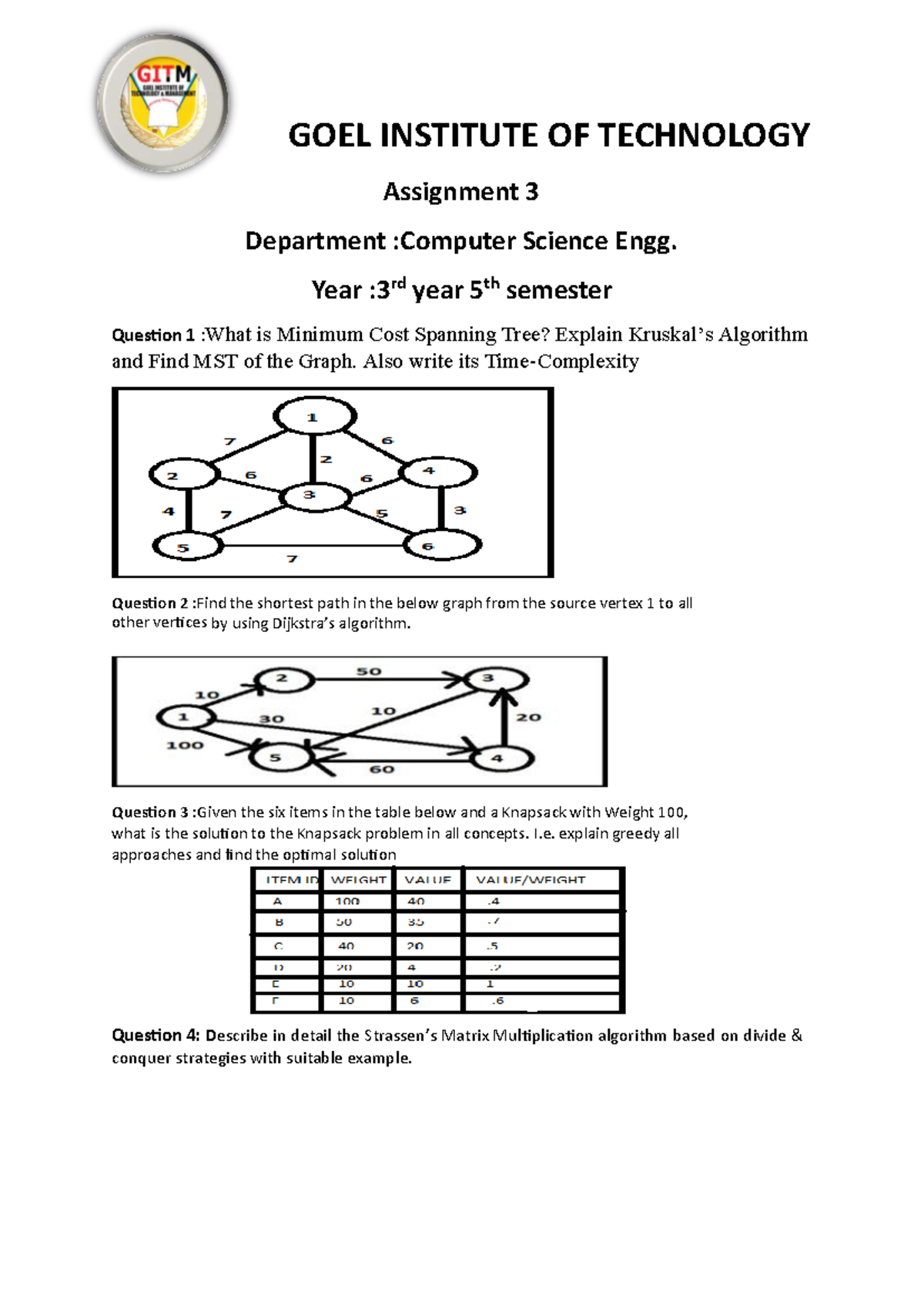 Cs31 Assignment 3: Algorithms for MST, Shortest Path, Knapsack & Matrix ...
