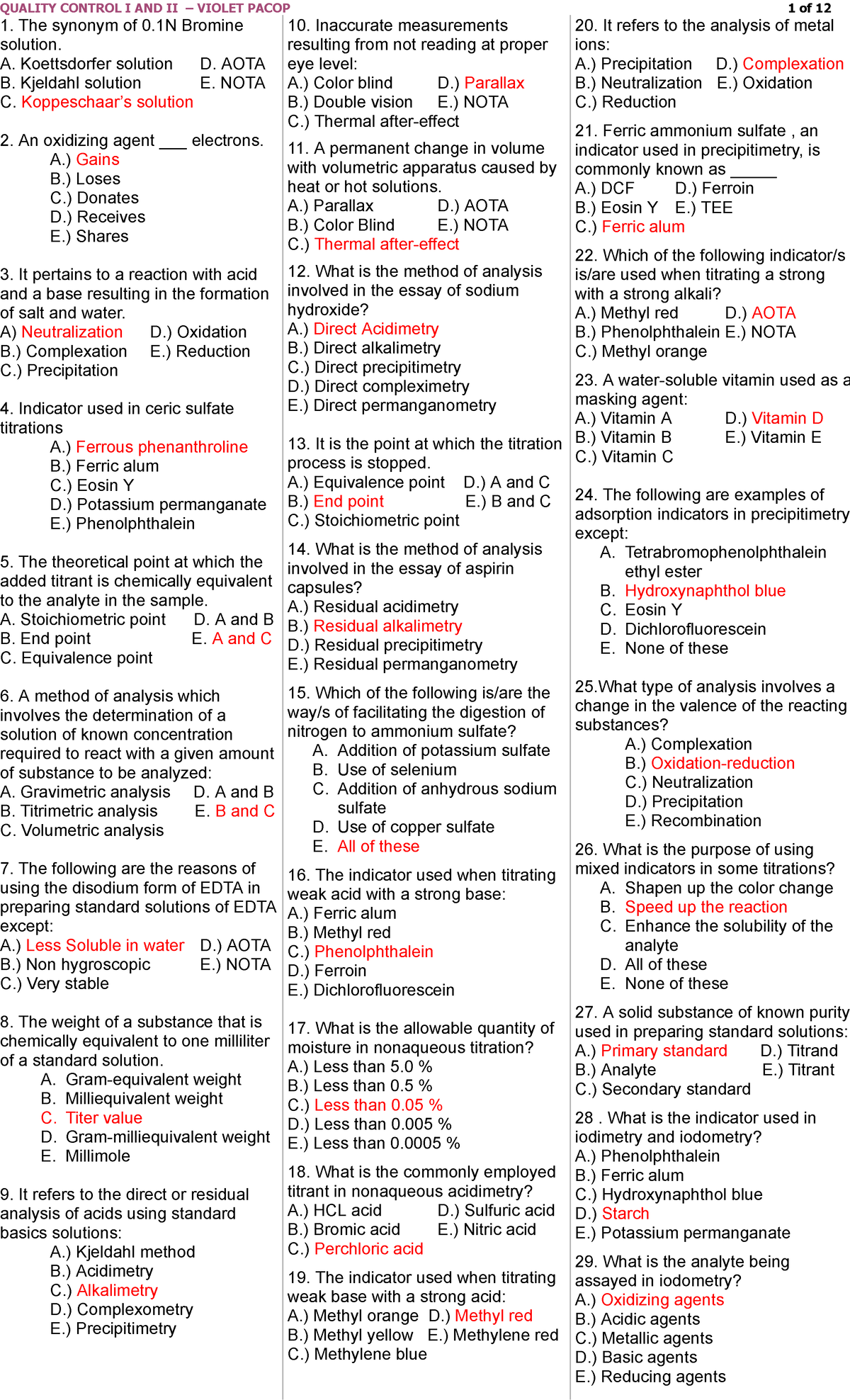 QC Pacop - QUALITY CONTROL I AND II – VIOLET PACOP 1 of 12 1. The ...