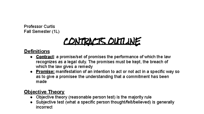 Contracts Outline (1L) - Professor Curtis Fall Semester - Studocu