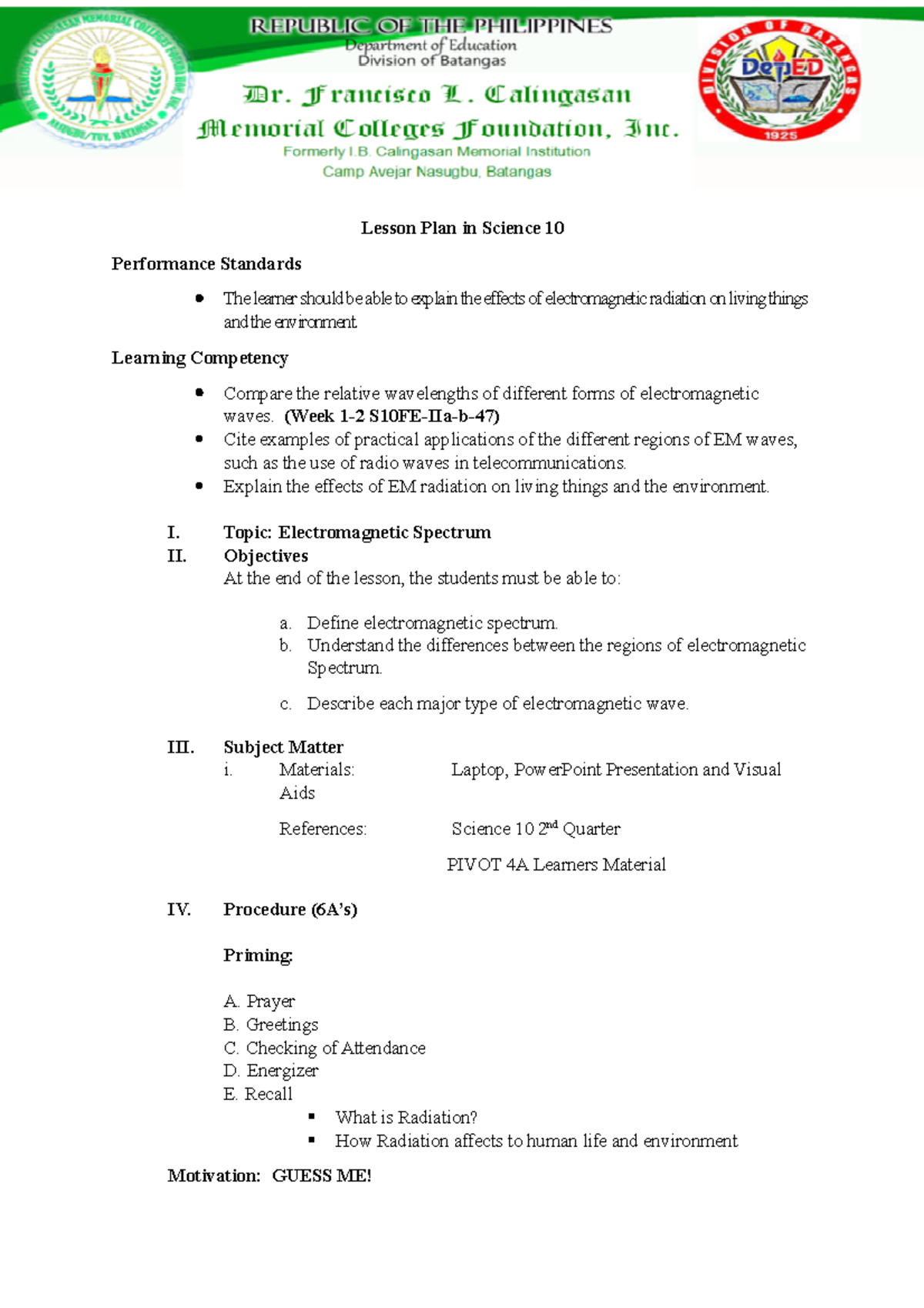 Different Regions of Electromagnetic Spectrum 6A's - Lesson Plan in ...