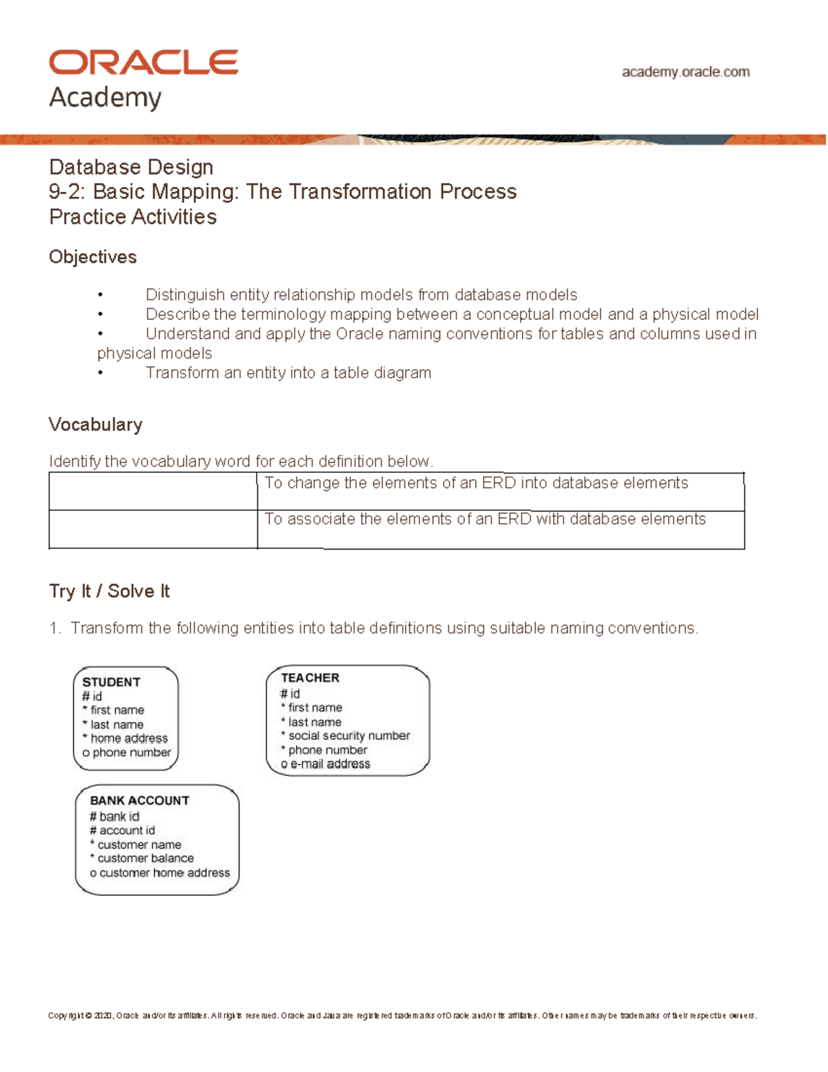 DD 9-2 Database Design Practice: Mapping & Transformation Activities ...
