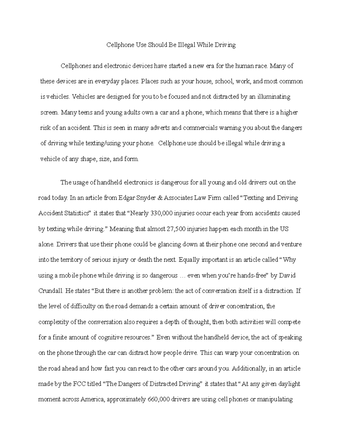 Argumentative Essay on Cellphone Use While Driving: Safety Concerns ...