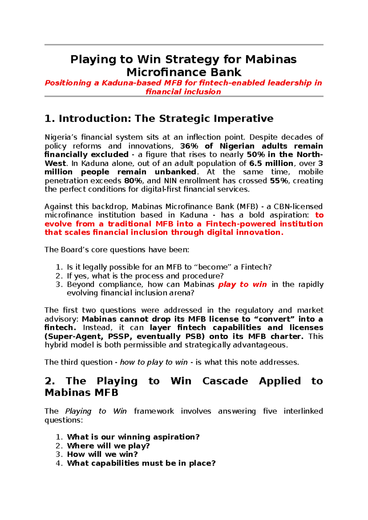MAB 101: Playing to Win Strategy for Mabinas Microfinance Bank - Studocu