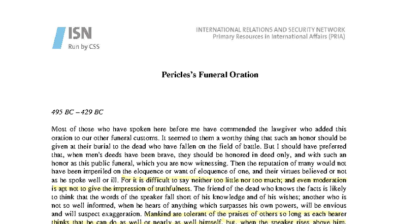 Funeral Oration by Pericles (495-429 BC) - A Tribute to the Fallen ...