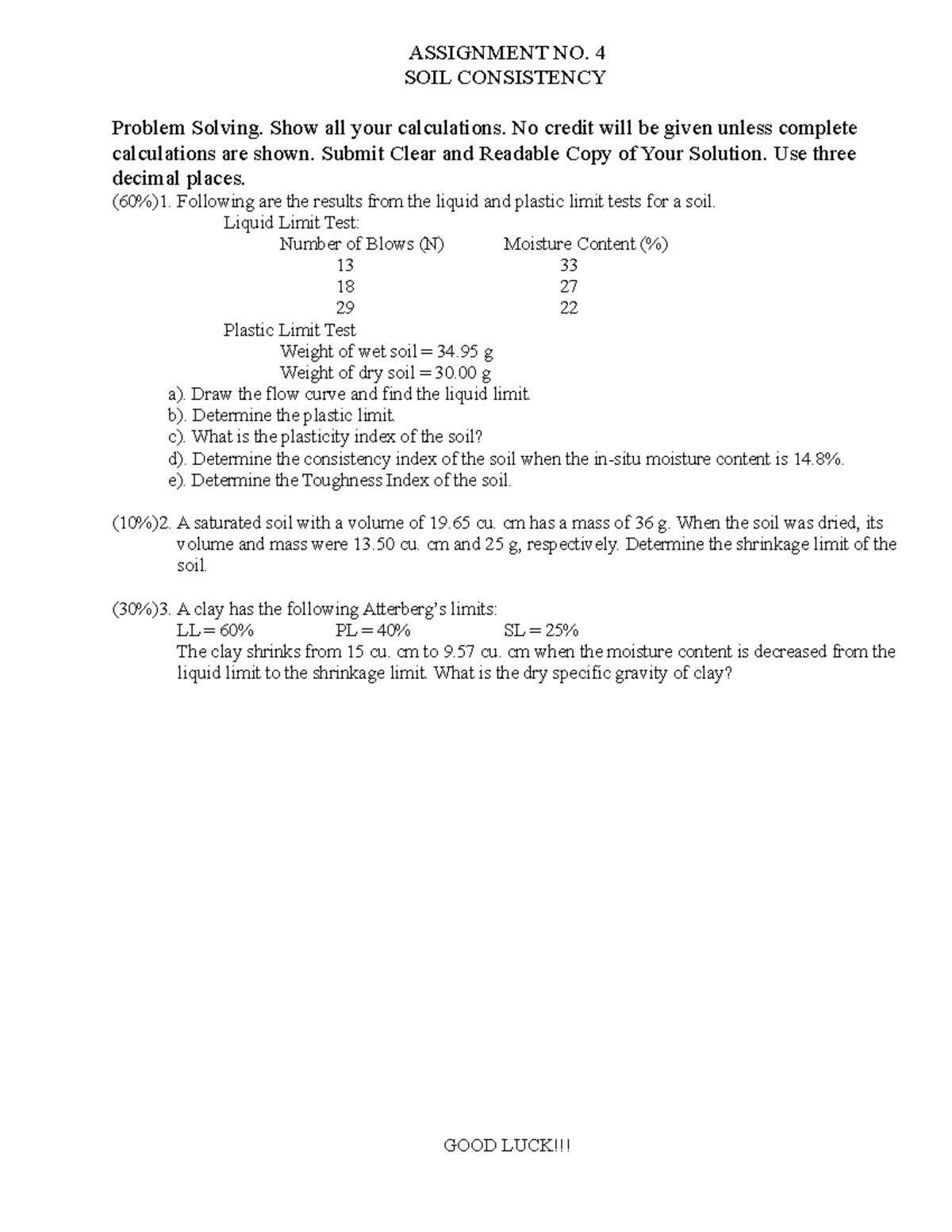 Assignment No. 4 - Soil Consistency Analysis and Calculations - Studocu