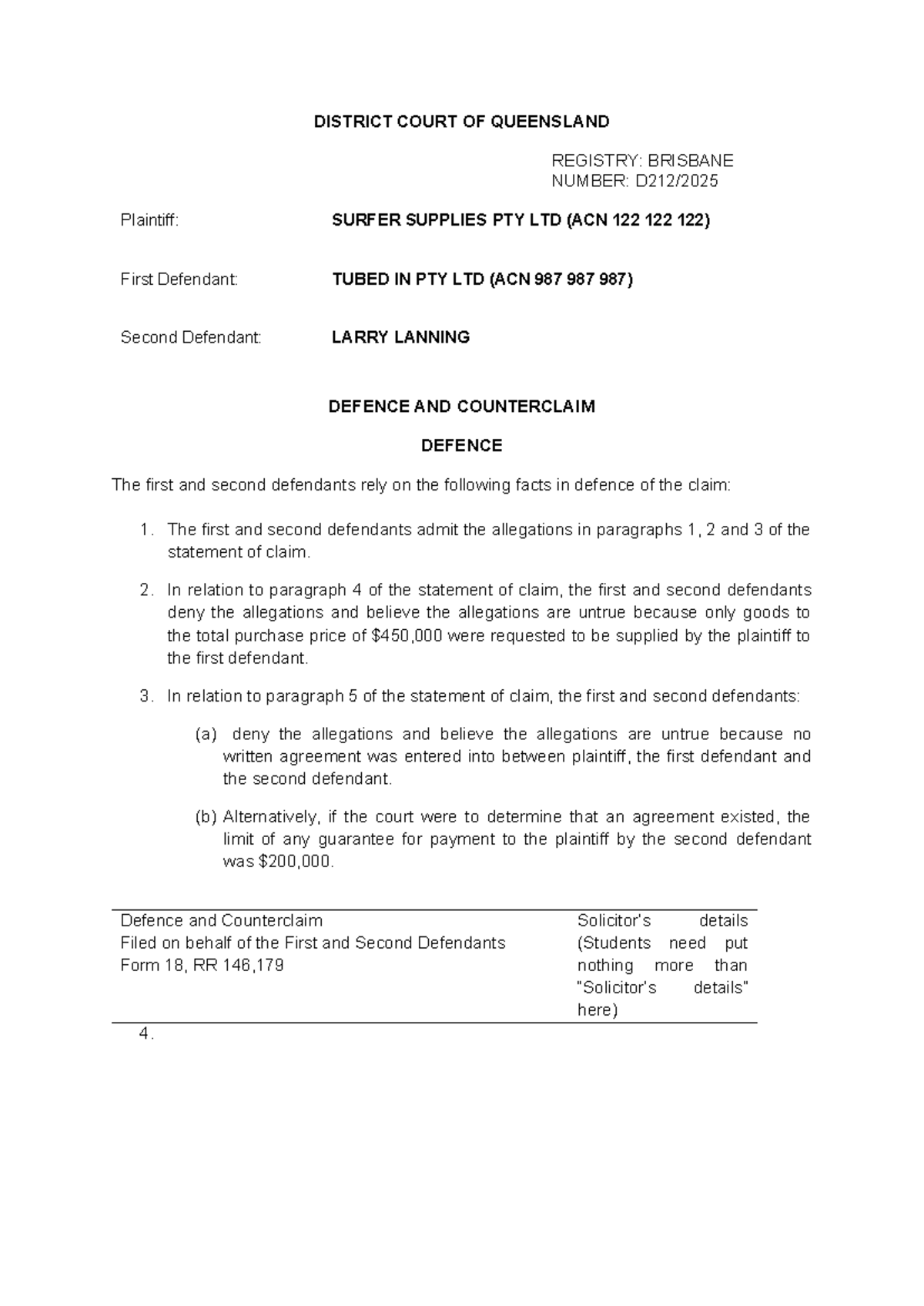 Week 3 Defence and Counterclaim: Surfer Supplies Pty Ltd v. Tubed In ...