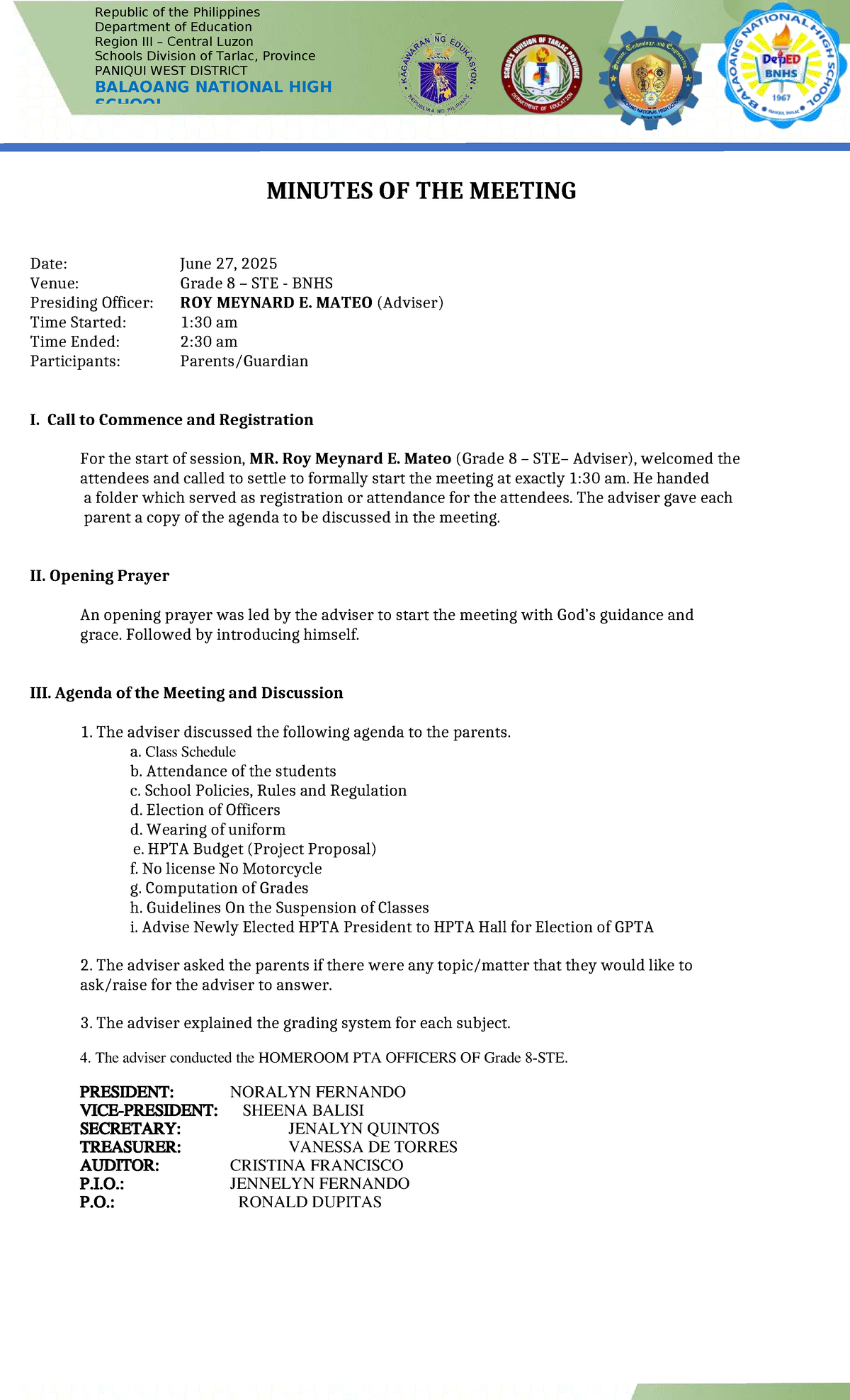 PTA Meeting Minutes for Grade 8 STE - June 27, 2025 - Studocu