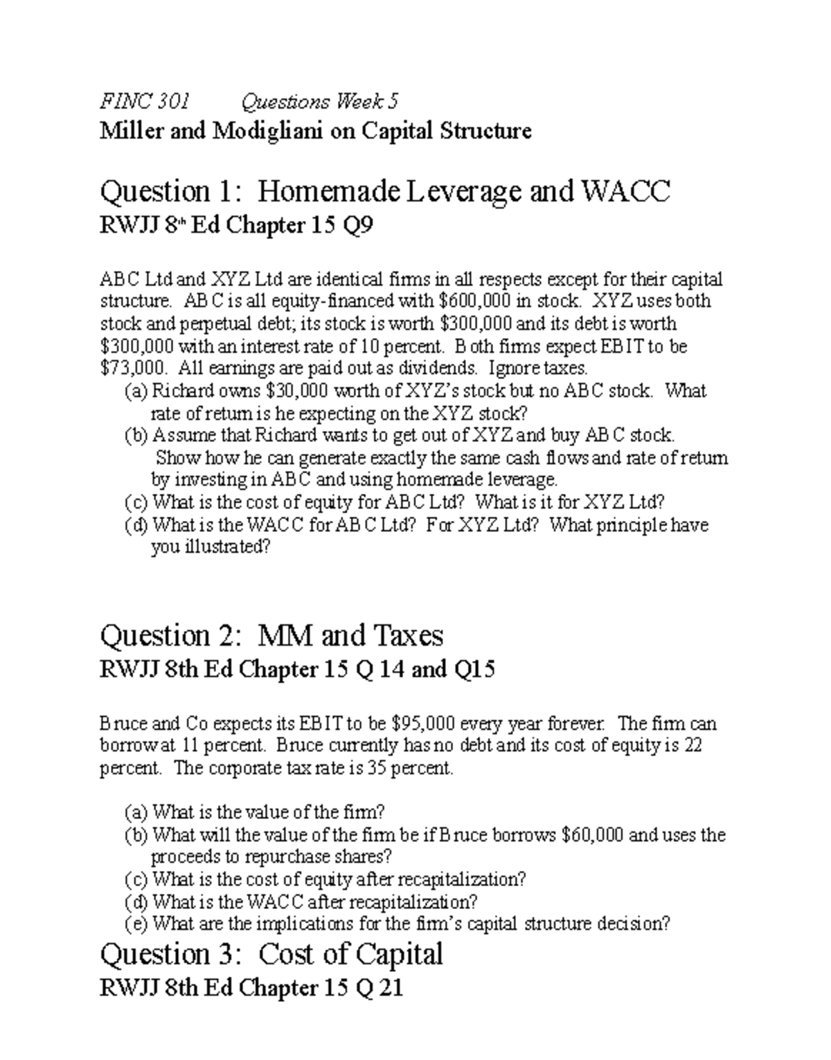 FINC 301 Tutorial 7 - Capital Structure & WACC Analysis - Studocu