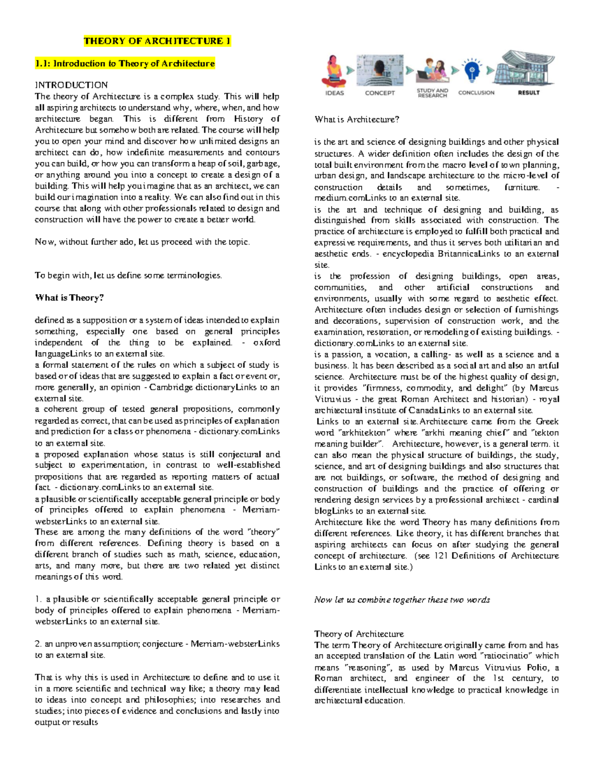 Theory OF Architecture 1 Module 1 - THEORY OF ARCHITECTURE 1 1: Introduction to Theory of - Studocu