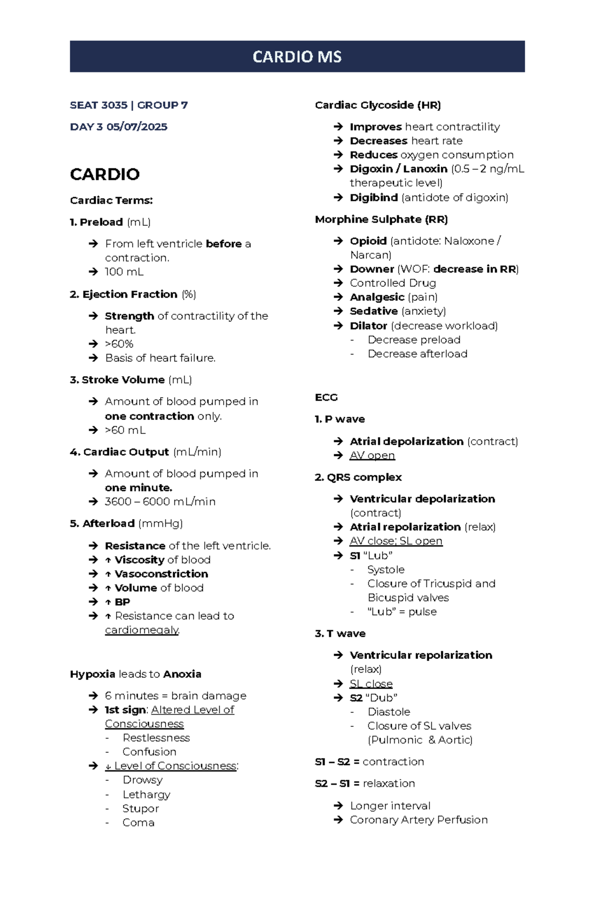 CARDIO MS SEAT 3035 GROUP 7 DAY 3 CARDIO: Key Cardiac Terms and ...