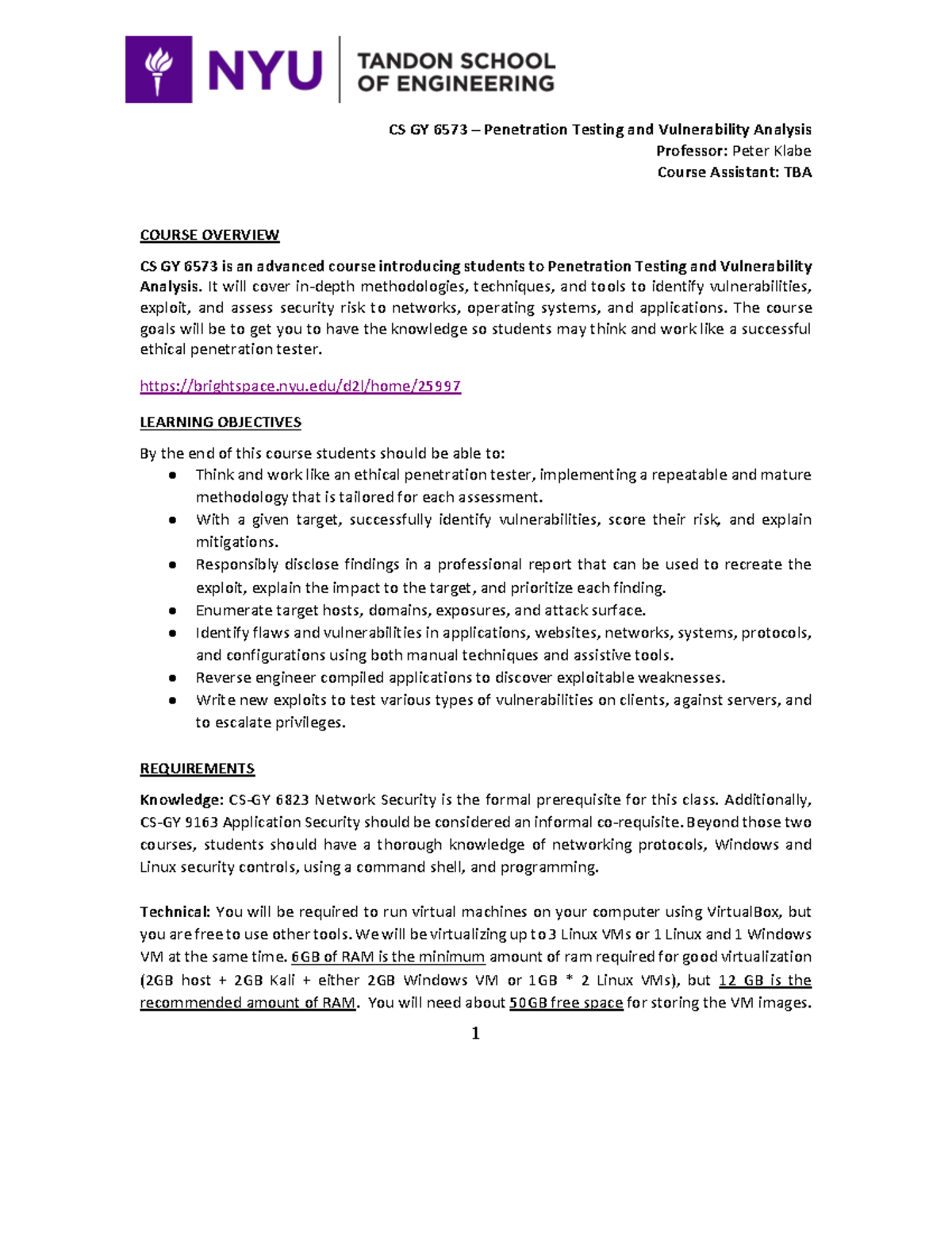 CS GY 6573 Penetration Testing & Vulnerability Analysis Syllabus - Studocu
