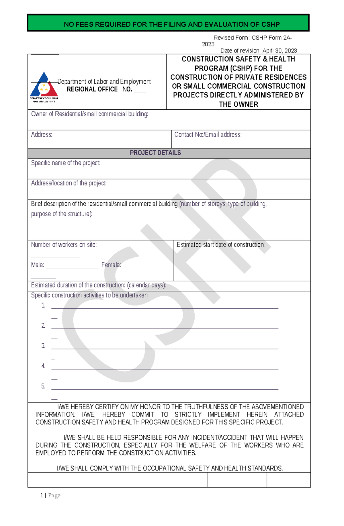 CSHP Form 2A: No Fees for Filing & Evaluation (2023) - Studocu