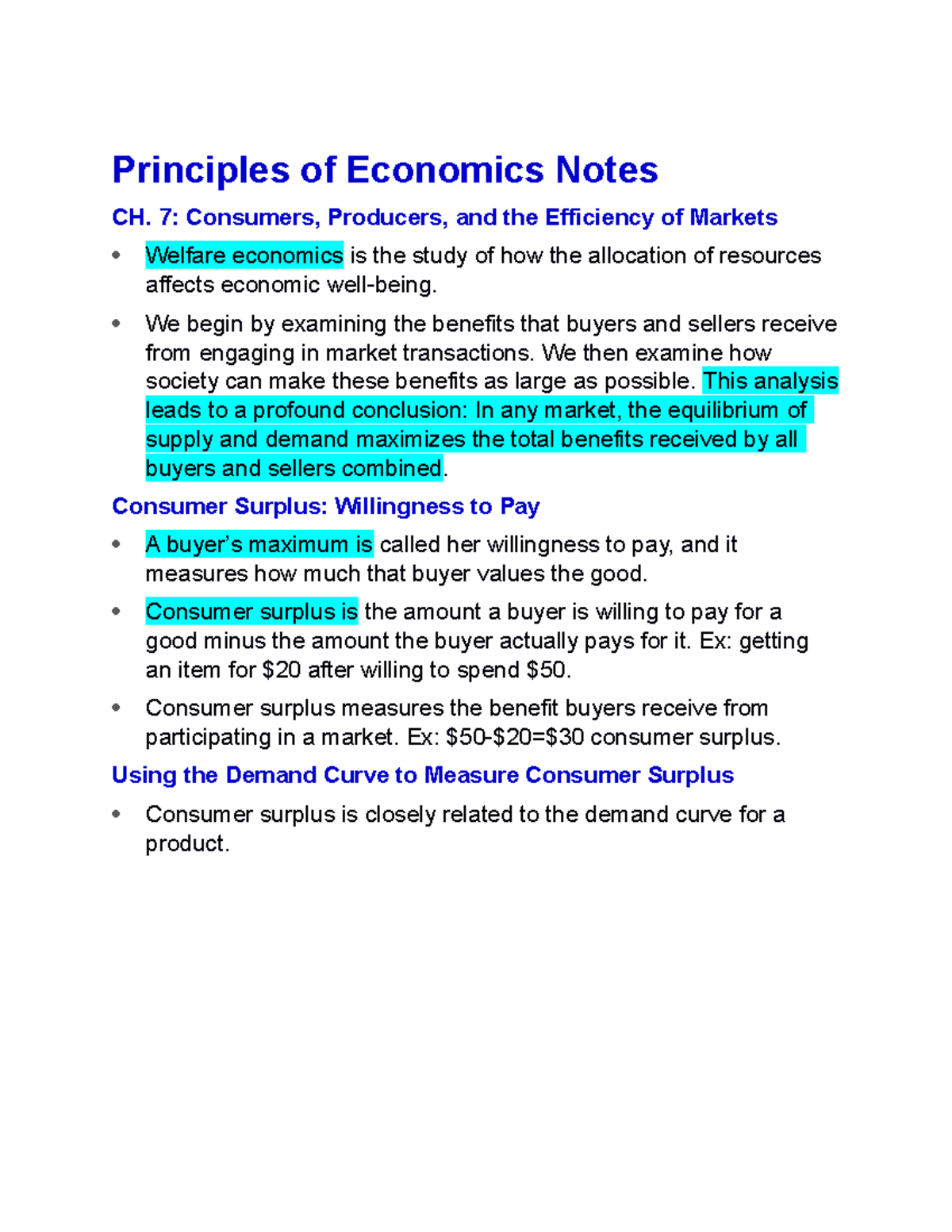 ECO 201 CH. 7 Notes Consumers, Producers, and the Efficiency of Markets ...