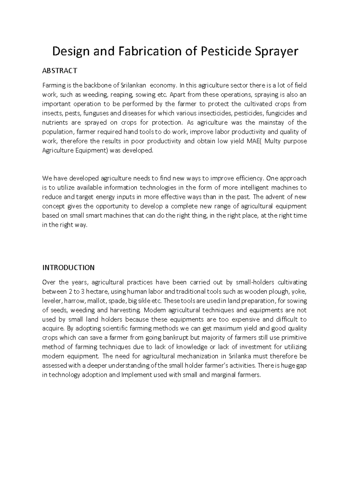MAE Design and Fabrication of Innovative Pesticide Sprayer System - Studocu