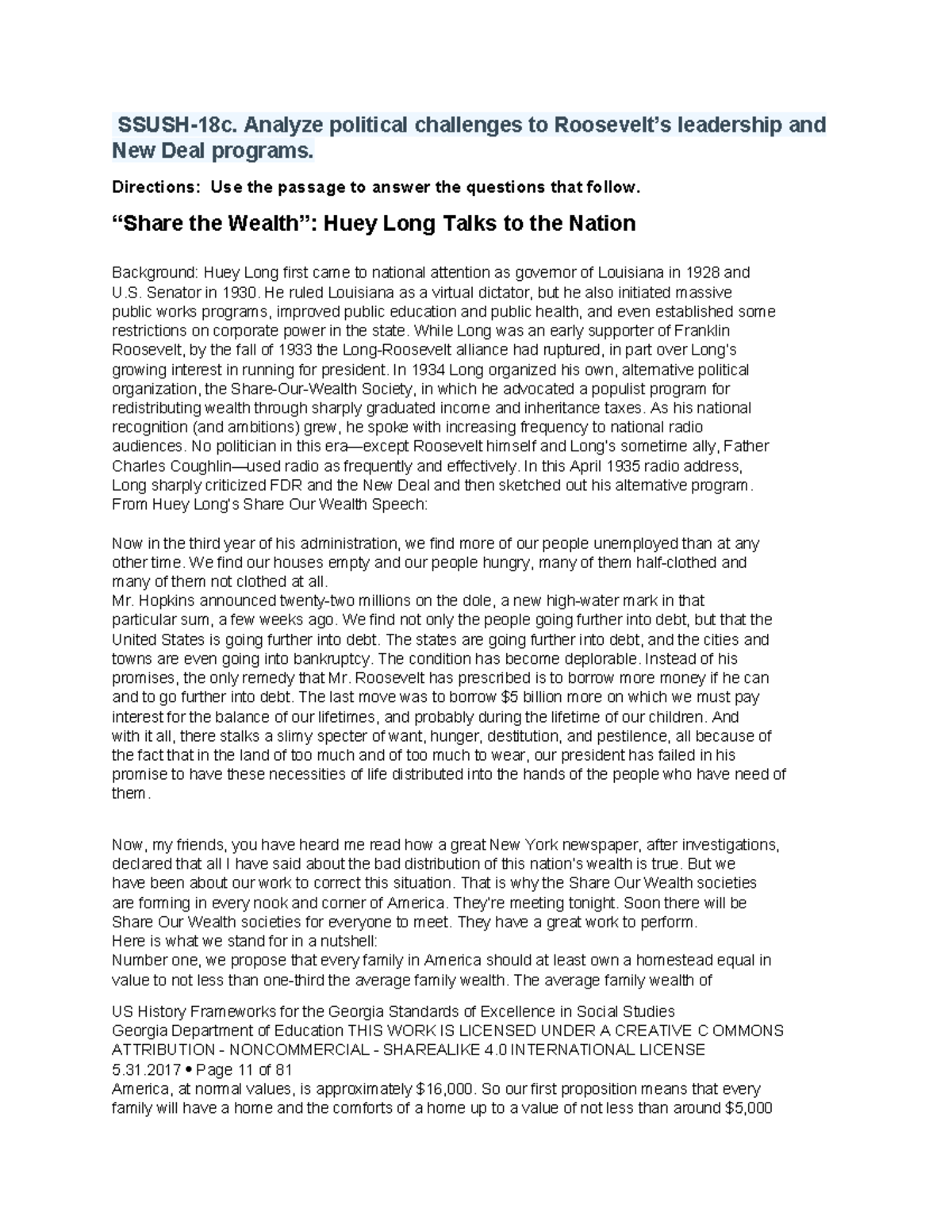 Dbq huey long - dbq - SSUSH-18c. Analyze political challenges to ...