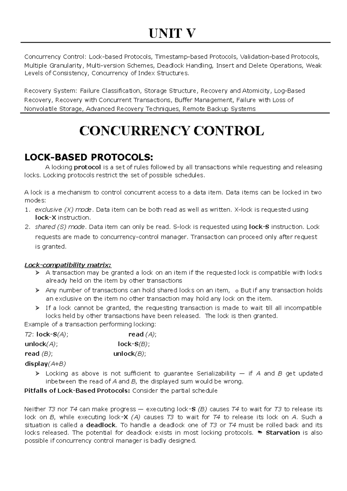 DBMS UNIT V Concurrency Control - UNIT V Concurrency Control: Lock ...