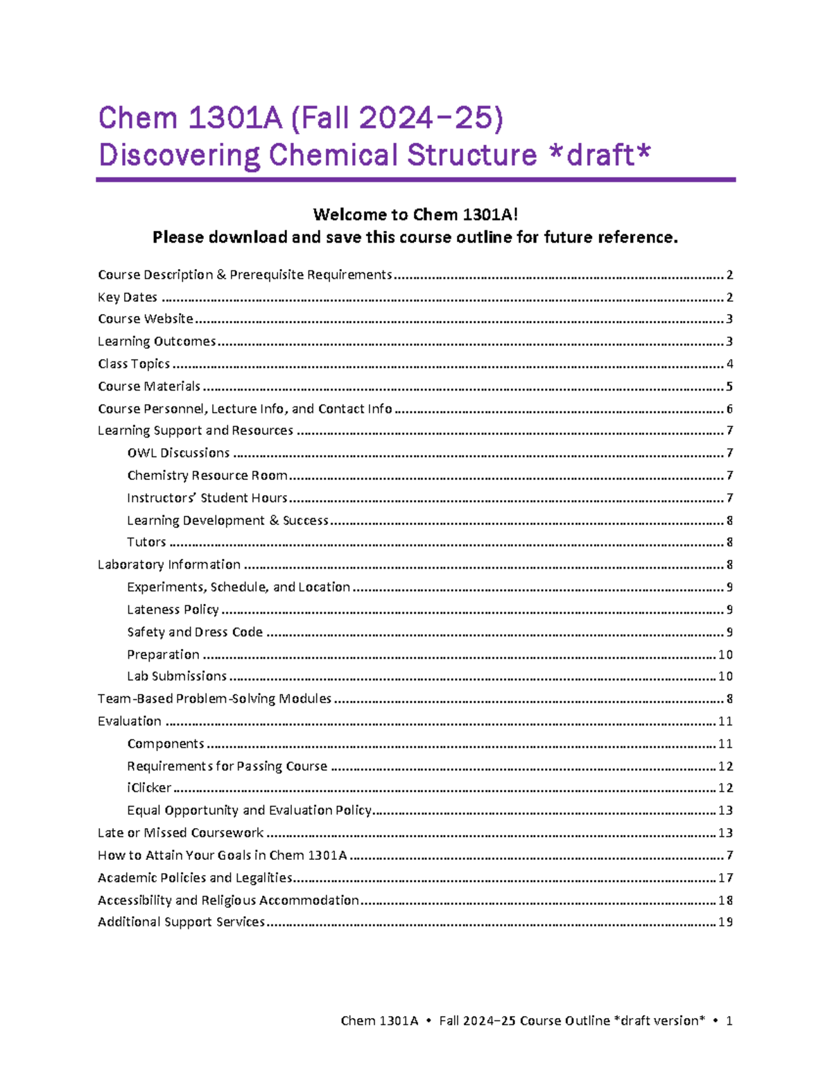 Chem 1301 Course Outline - Chem 1 301A (Fall 2024 − 25 ) Discovering ...