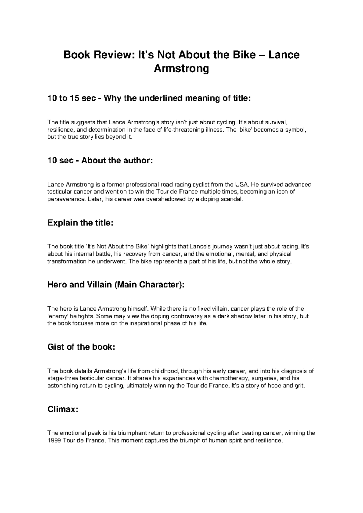 ENG 101: Book Review of "It's Not About the Bike" by Lance Armstrong ...