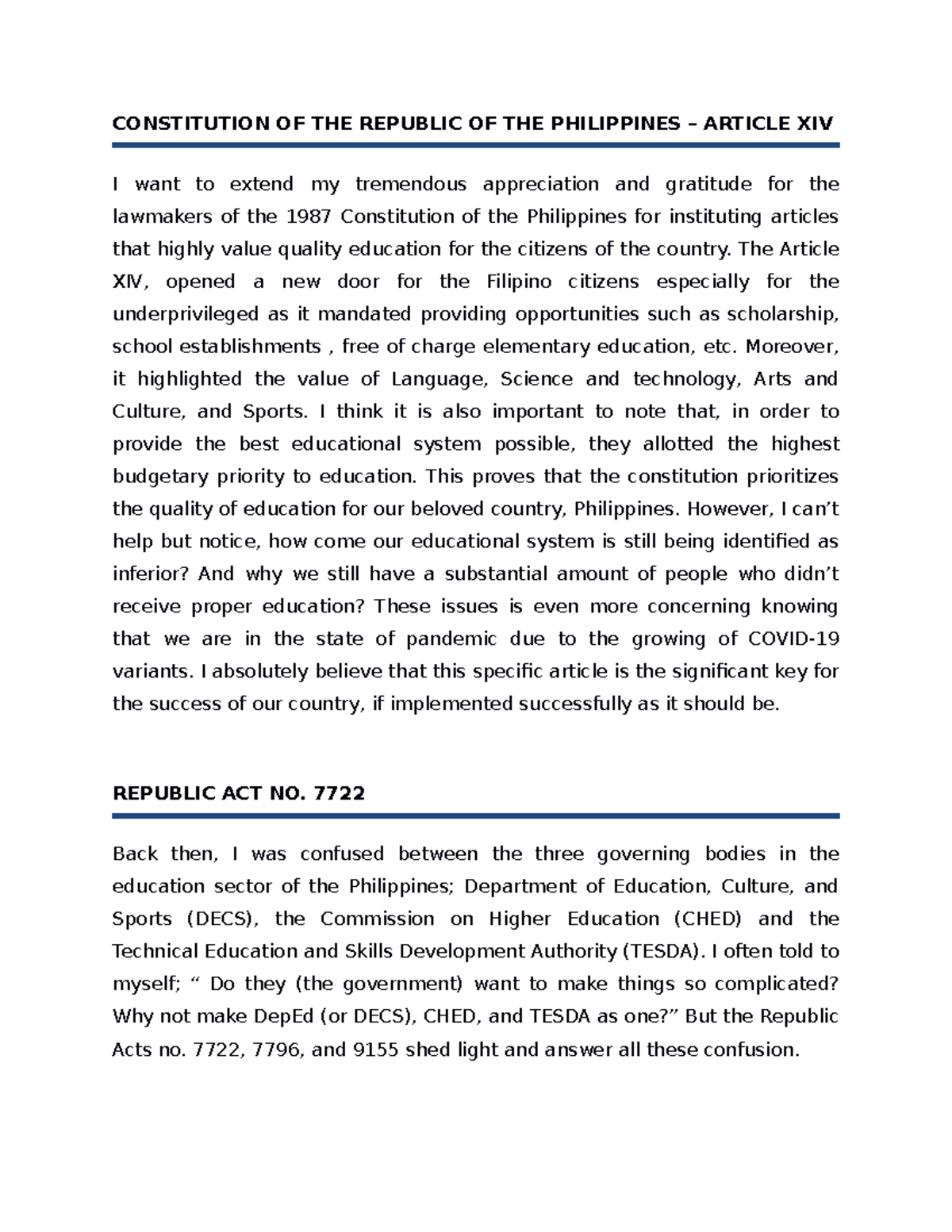 Importance of Article XIV of the 1987 Philippine Constitution - VALUES ...