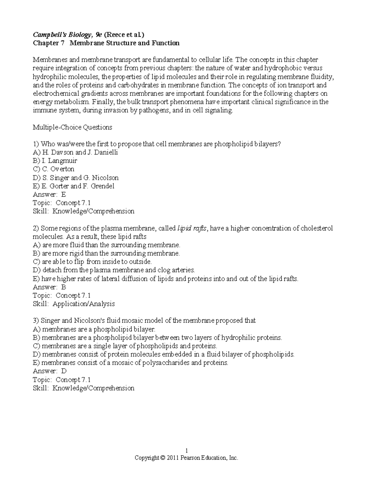REEC7295 09 TB Chapter 07: Membrane Structure & Function Insights - Studocu