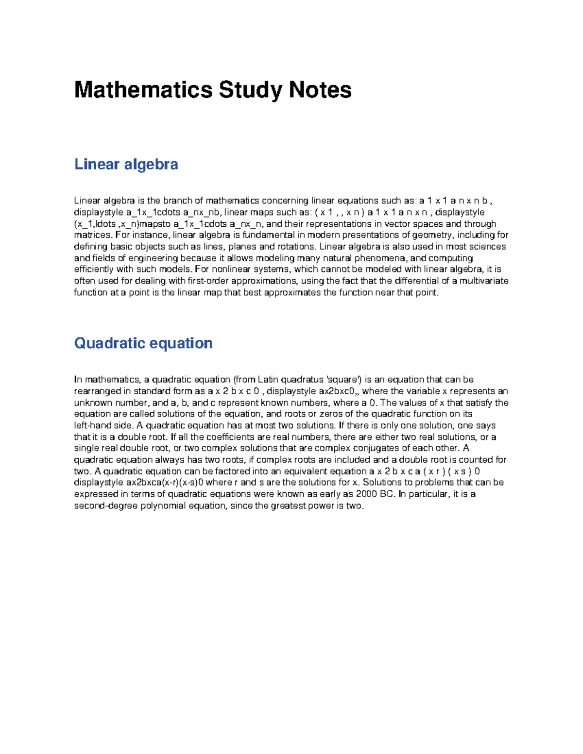 Mathematics Study Notes: Linear Algebra & Quadratic Equations - Studocu