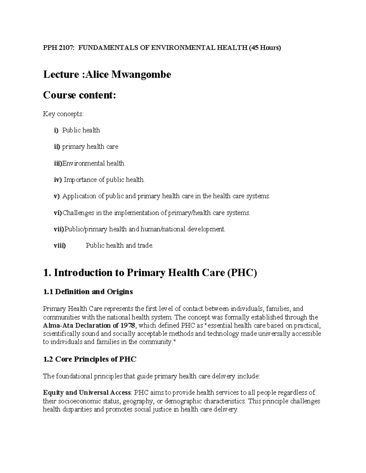 PPH 2107: Lecture Notes on Fundamentals of Environmental Health - Studocu