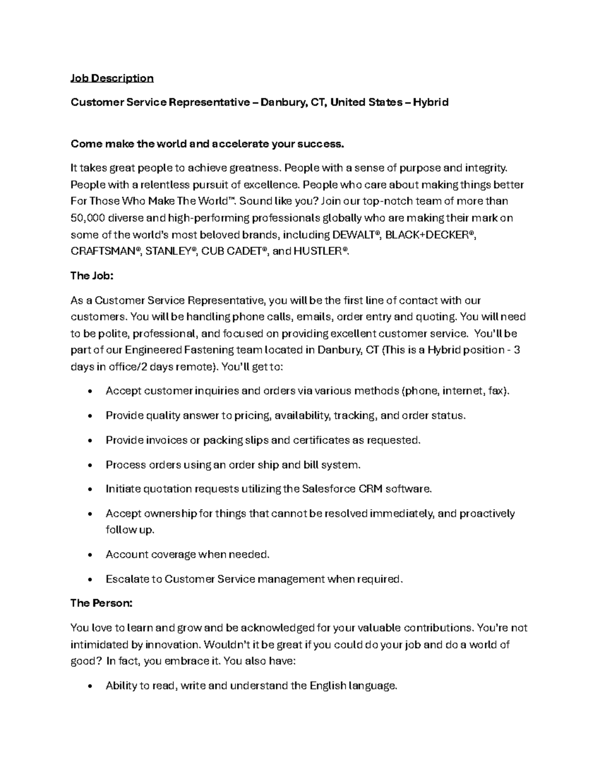 Customer Service Representative Job Description - Hybrid Role in CT ...
