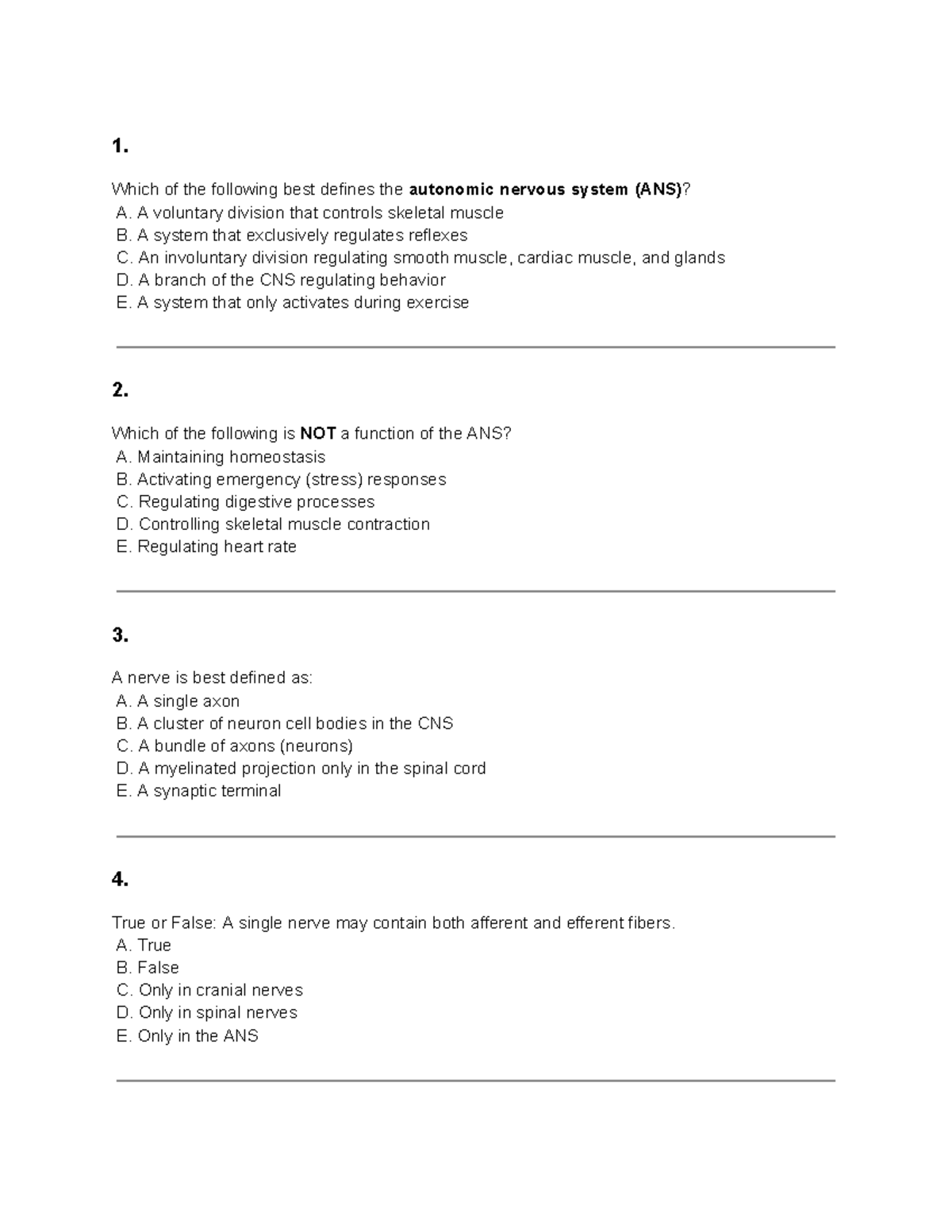 ANS Practice Questions and Answers for Nervous System Study - Studocu