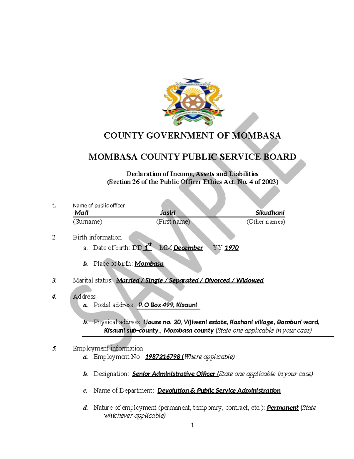 COUNTY GOVERNMENT OF MOMBASA Wealth Declaration Form Sample - Studocu