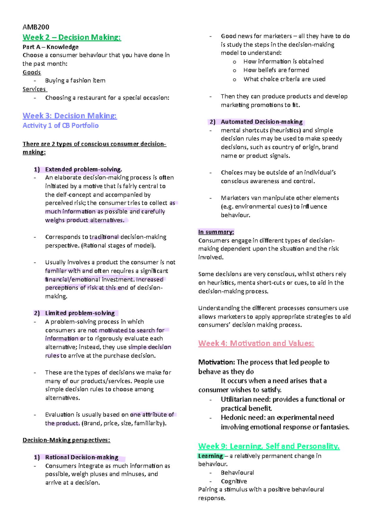 AMB200 - Tutorial Notes Week 1-5: Consumer Behavior Insights - Studocu