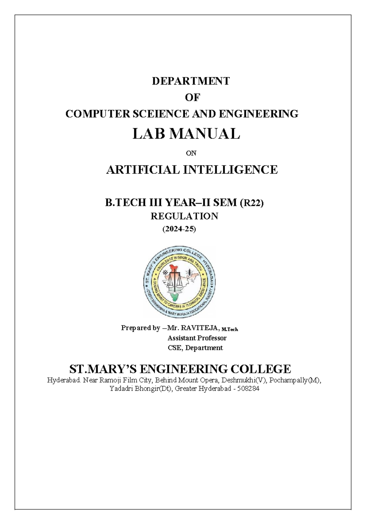 AI&ML ML-1 - Lab mannual - Computer Science Engineering - DEPARTMENT OF COMPUTER SCEIENCE AND ...