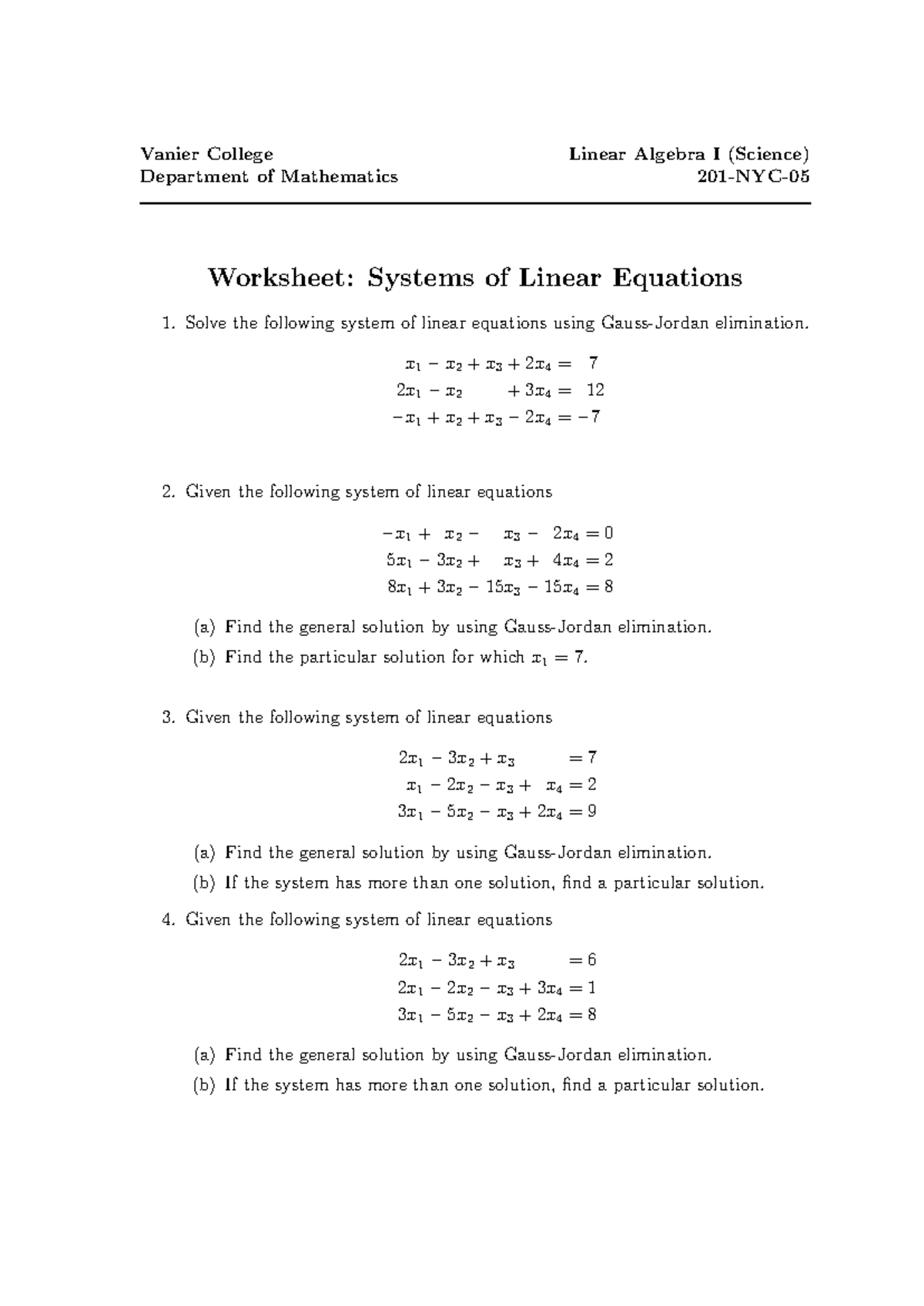 Exercise on Linear Algebra - Vanier College Linear Algebra I (Science ...