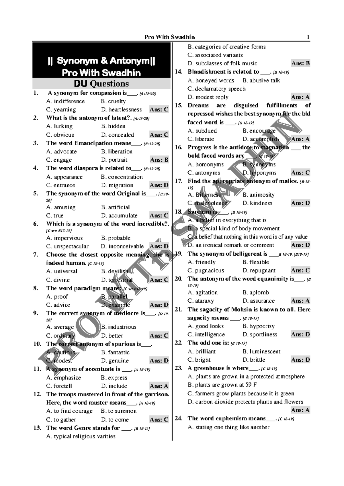Synonym & Antonym Study Guide (Course Code: 26) - Studocu