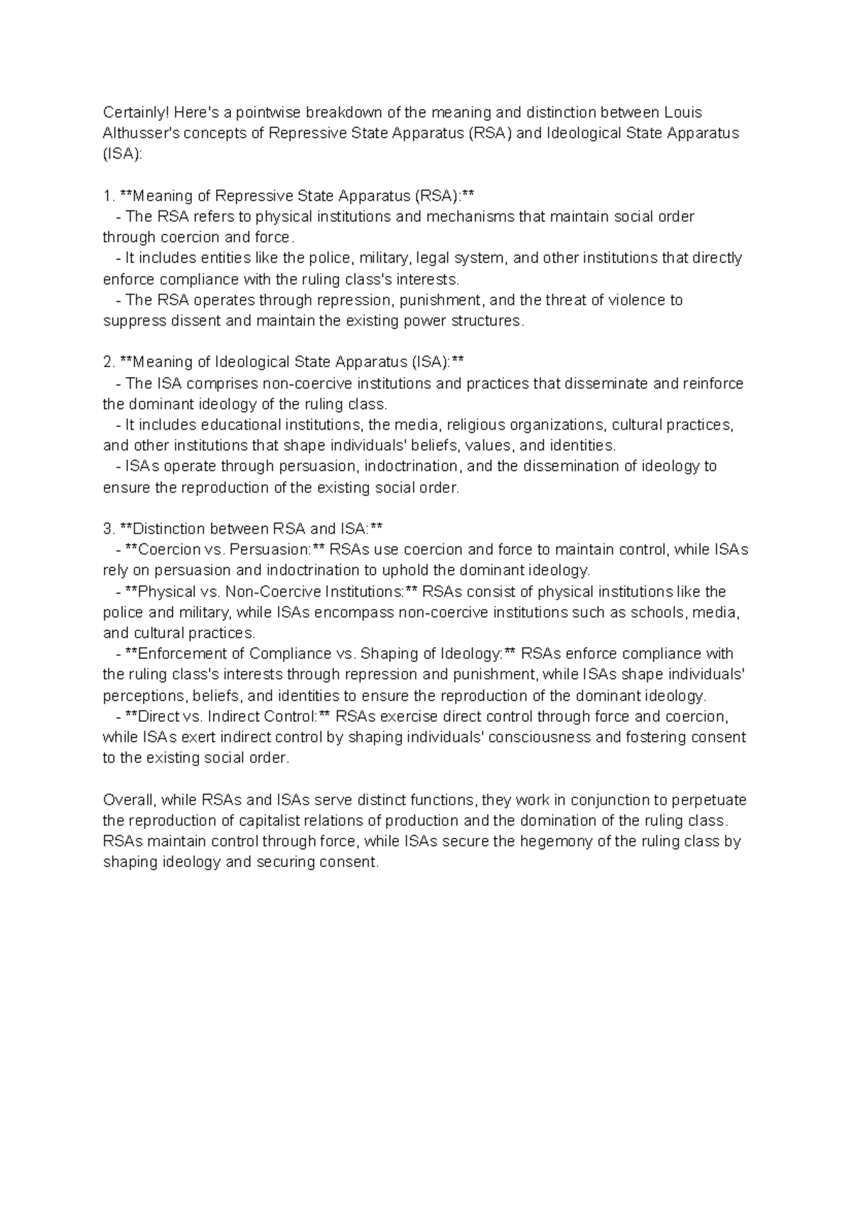 Understanding RSA & ISA: Concepts by Louis Althusser - Studocu