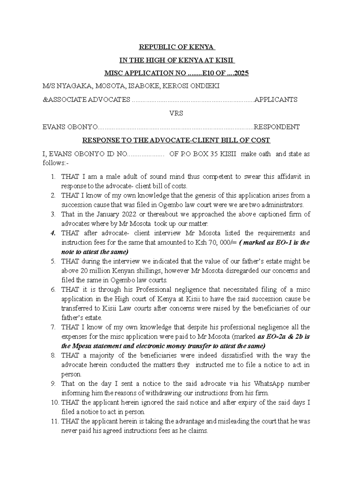 Evans Obonyo's Response to Advocate-Client Bill of Costs - MISC APP No ...