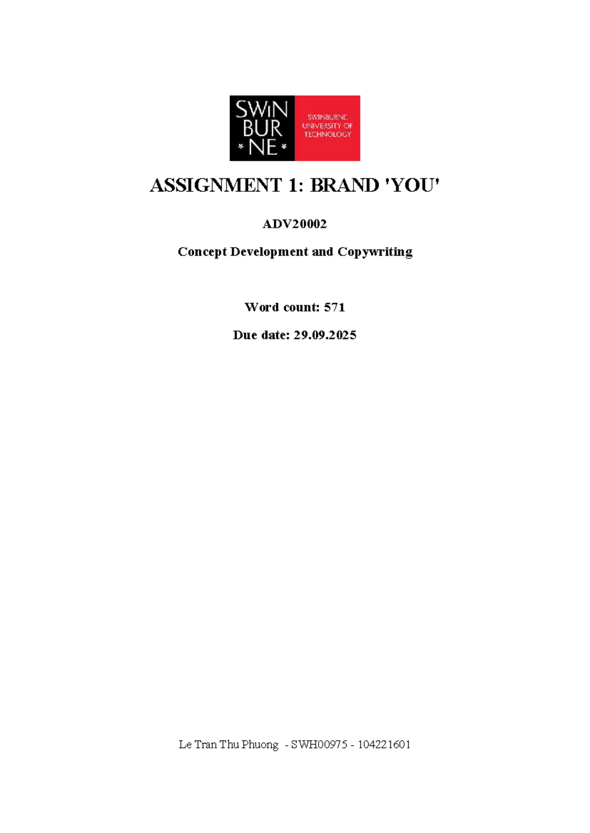 SWH00975 Assignment 1: Brand Concept Dev. & Copywriting - Studocu