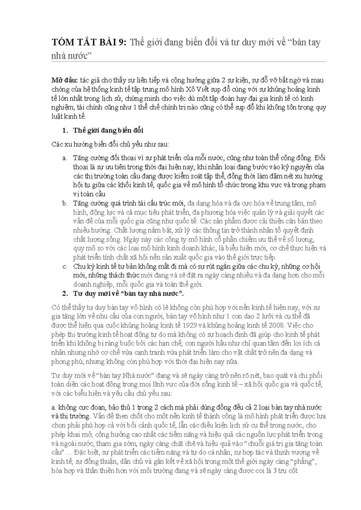 TÓM TẮT BÀI 9 - ok ok gud - TÓM TẮT BÀI 9: Thế giới đang biến đổi và tư ...