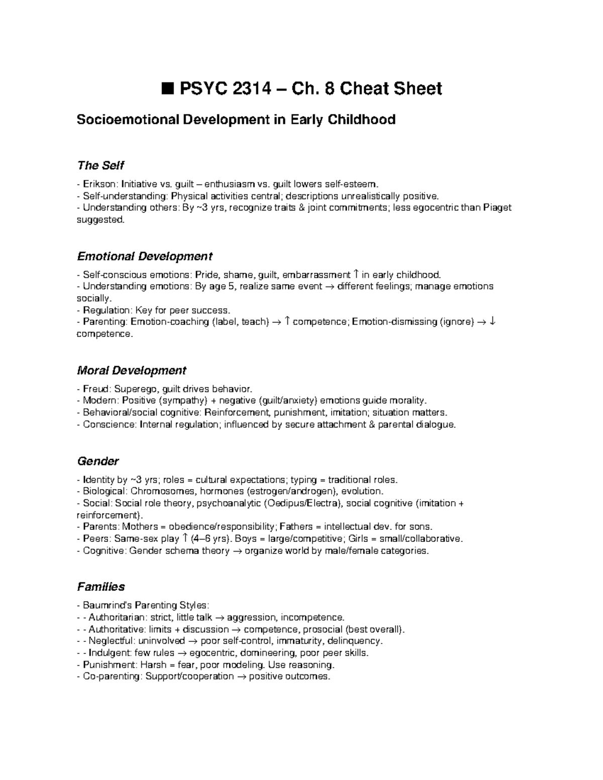 PSYC 2314 Ch. 8 Cheat Sheet: Socioemotional Dev. in Early Childhood ...