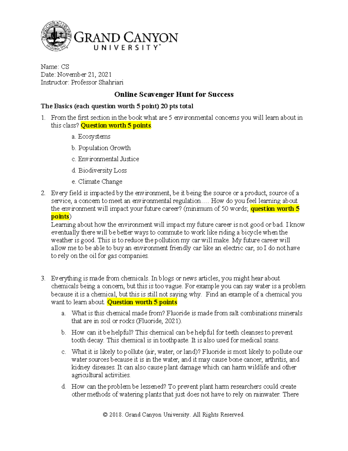 BIO 220 RS Online Scavenger Hunt For Success Resource - Name: CS Date ...