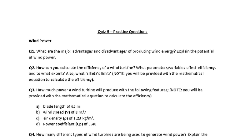 Quiz 9 Practice Questions on Wind Power and Energy Efficiency - Studocu